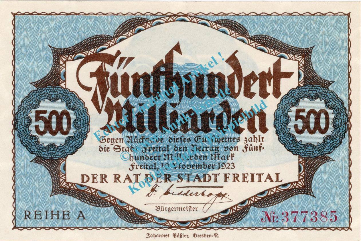 Inflation DE 500 Mia. Mk. Freital, Banknote 500 Milliarden Mark Schein ...
