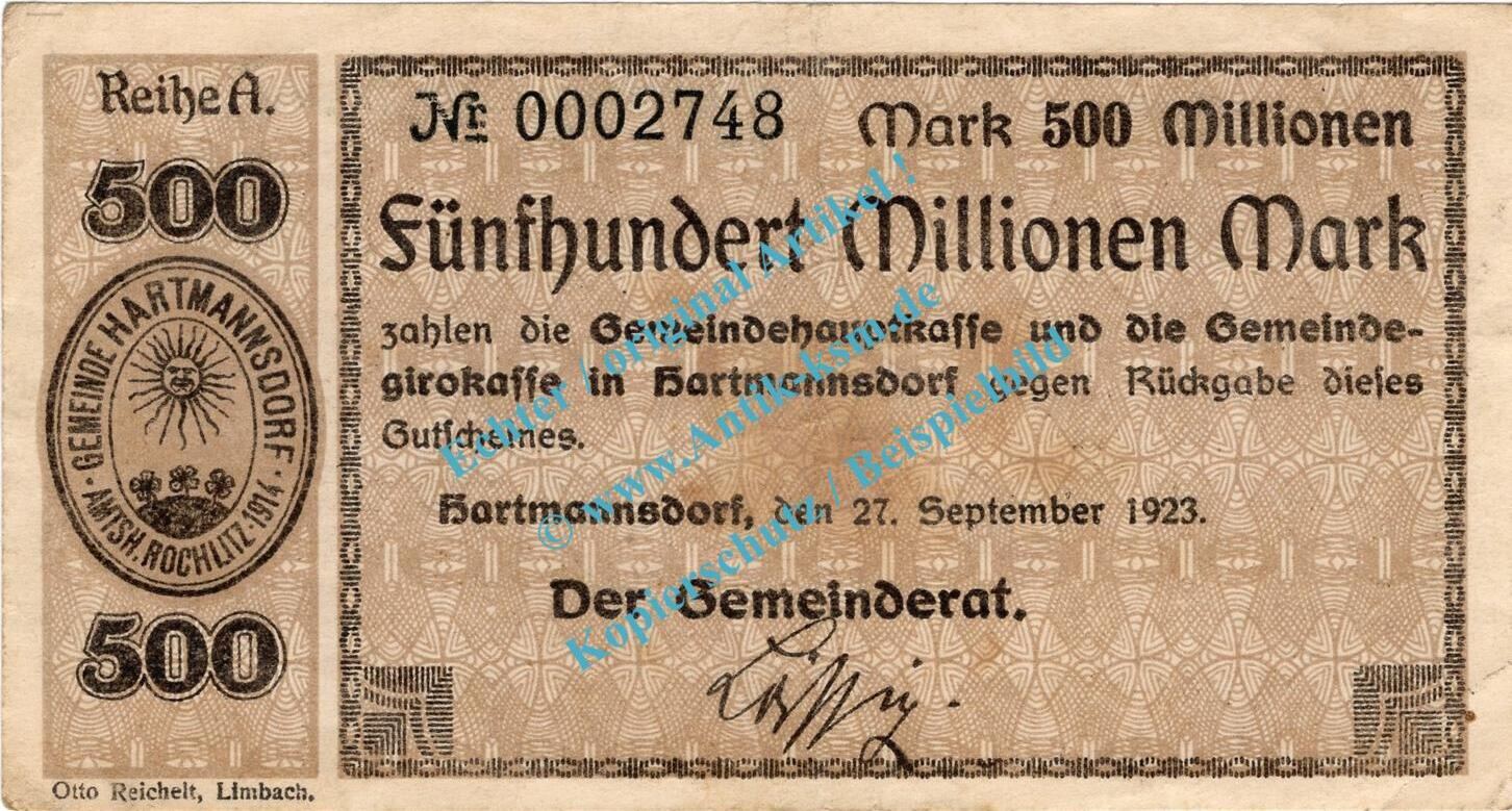 Inflation DE 500 Mio. Mk. Hartmannsdorf, Banknote 500 Millionen Mark ...