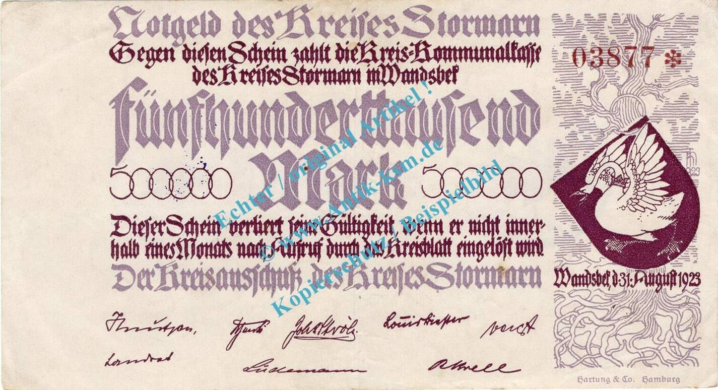 Inflation DE 500.000 Mk. Stormarn, Banknote 500.000 Mark Schein in L ...