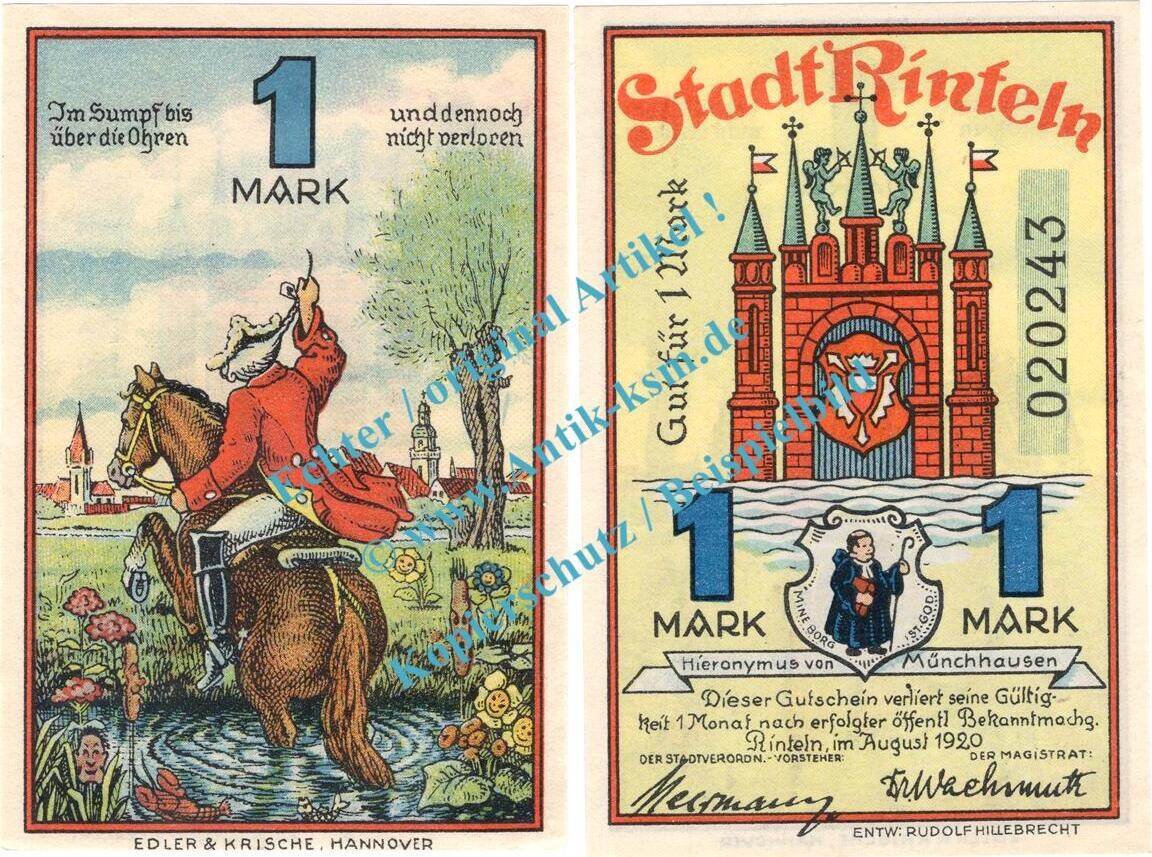 Notgeld DE 1 Mk. -Sign- Rinteln, Notgeld 1 Mark Schein in kfr. M-G 1125 ...