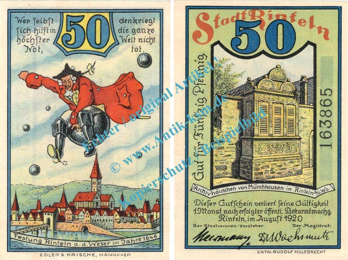 Serienscheine DE 50 Pf. -Sign- Rinteln, Notgeld 50 Pfennig Schein in ...