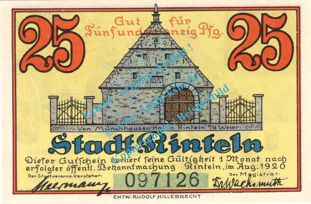 Notgeld DE 25 Pf. -Sign- Rinteln, Notgeld 25 Pfennig Schein in kfr. M-G ...