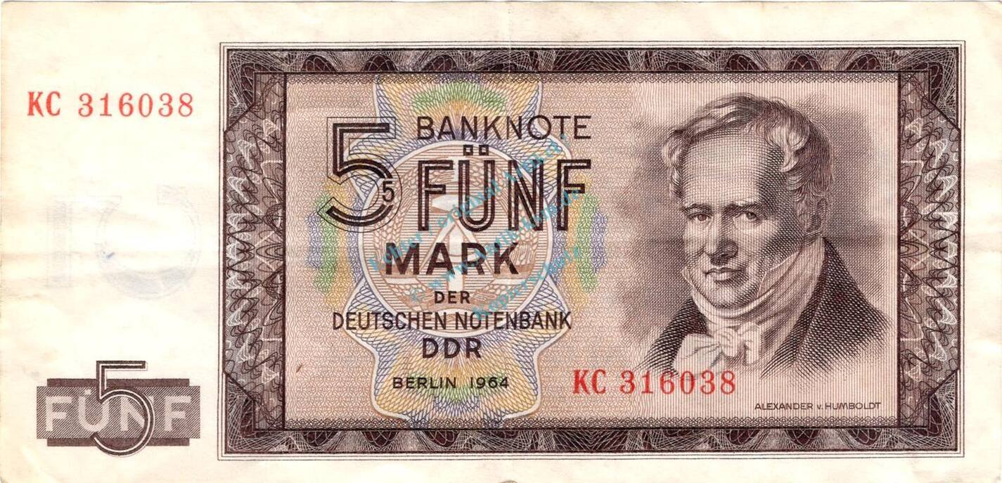 DDR Notenbank 5 Mk. Banknote, 5 Mark Schein in gbr. DDR-16, Ros.354, P ...