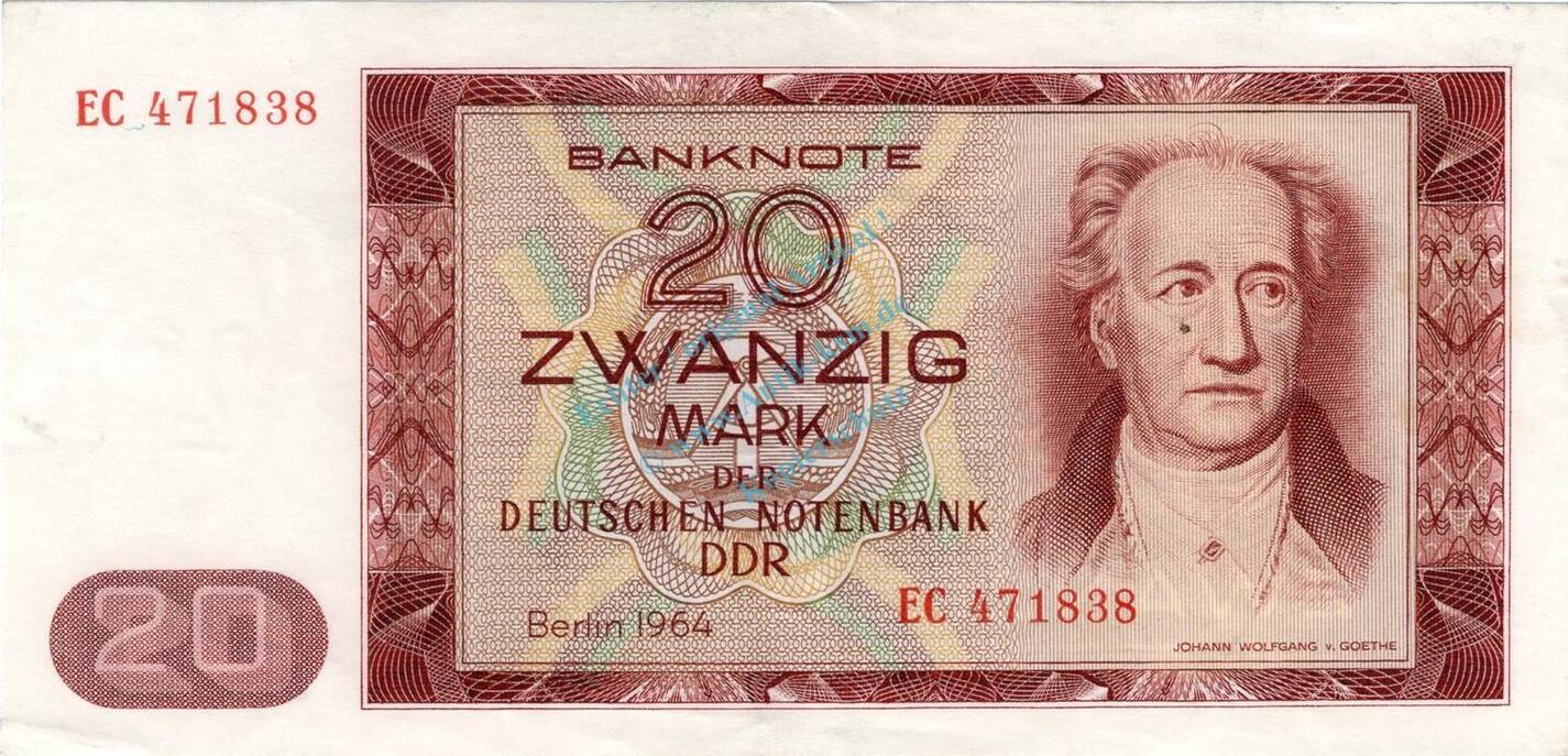 DDR Notenbank 20 Mk. Banknote, 20 Mark Schein in gbr. DDR-18.a, Ros.356 ...