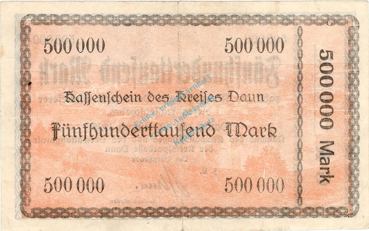 Inflation DE 500.000 Mk. Daun, Banknote 500.000 Mark Schein in gbr ...