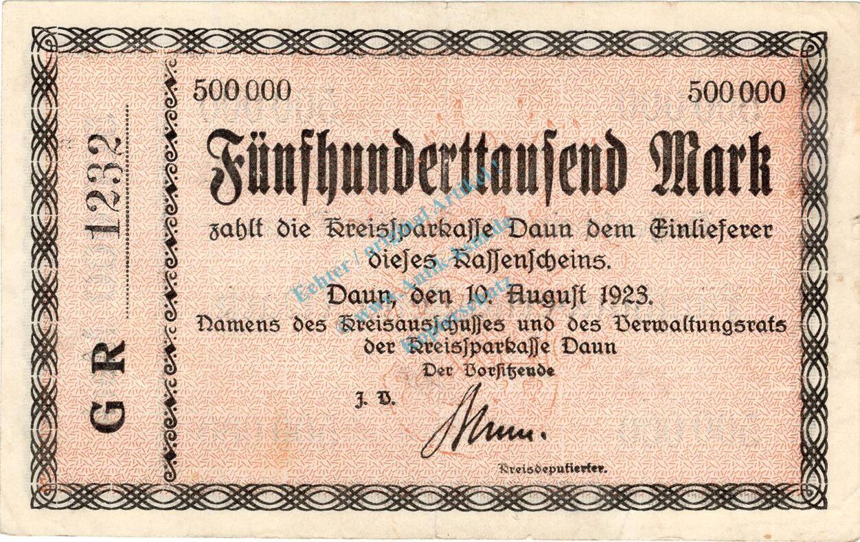Inflation DE 500.000 Mk. Daun, Banknote 500.000 Mark Schein in gbr ...