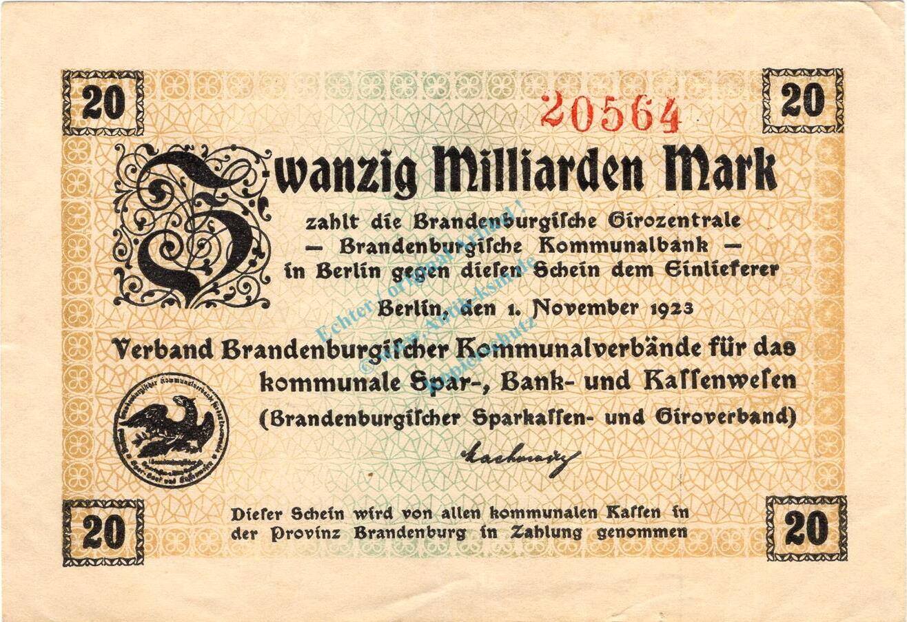 Inflation DE 20 Mia. Mk. Berlin, Banknote 20 Milliarden Mark Schein in ...