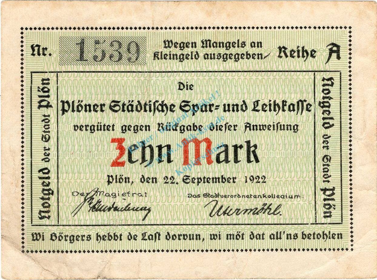 Inflation 1922/23 10 Mk. Plön, Banknote 10 Mark Schein in gbr. Müller ...