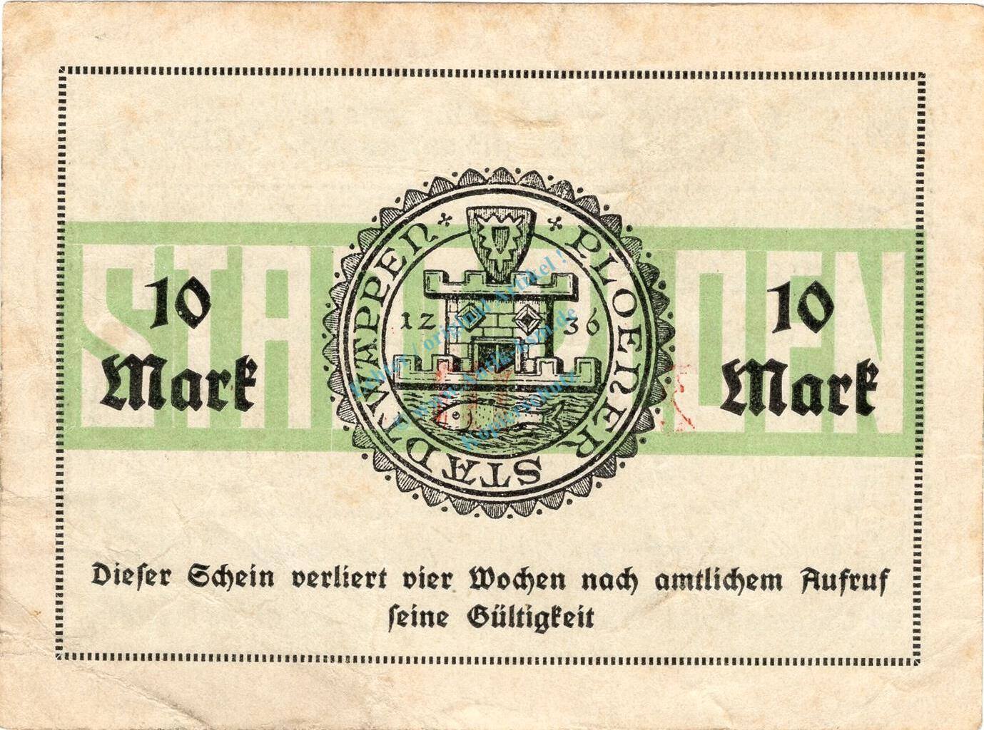 Inflation 1922/23 10 Mk. Plön, Banknote 10 Mark Schein in gbr. Müller ...
