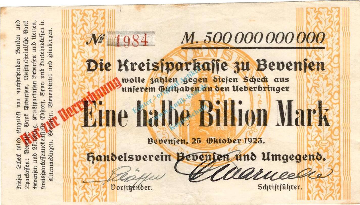 Inflation DE 1/2 Billion Bevensen, Banknote 1 halbe Billion Mark Schein ...