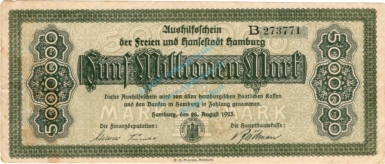 Inflation 1923 DE 5 Mio. Mk. Hamburg, Banknote 5 Millionen Mark Schein ...