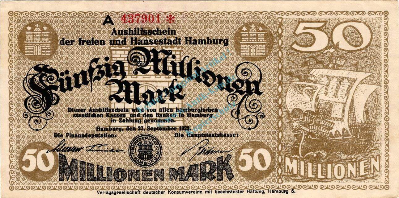 Inflation 1923 DE 50 Mio. Mk. Hamburg, Banknote 50 Millionen Mark ...