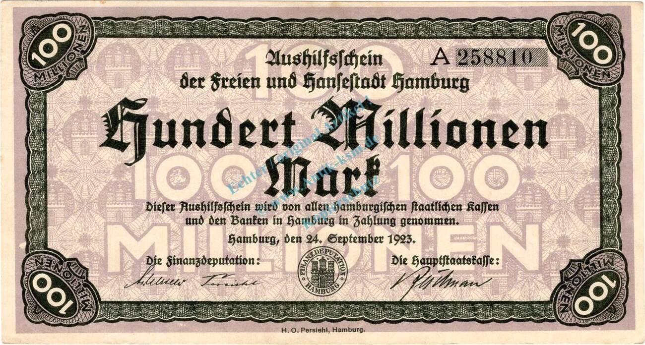 Inflation DE 100 Mio. Mk. Hamburg, Banknote 100 Millionen Mark Schein ...