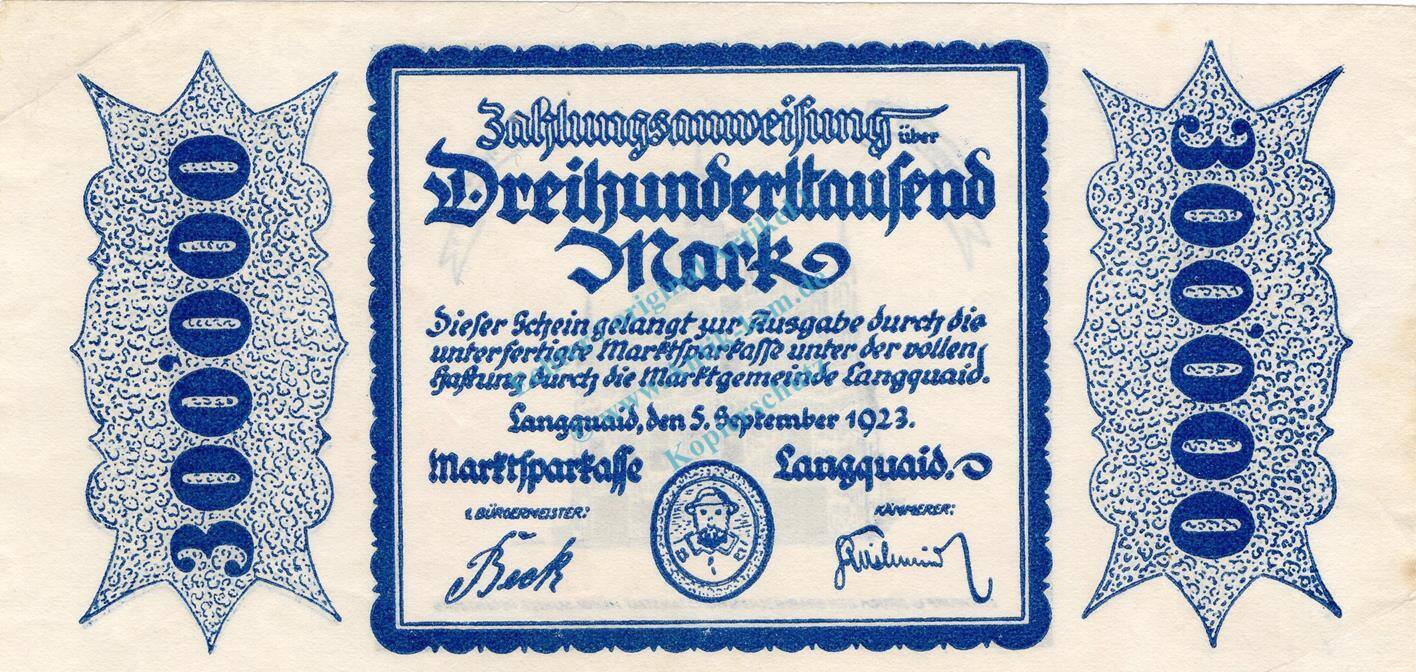 Inflation DE 300.000 Mk. Langquaid, Banknote 300.000 Mark Schein L-gbr ...