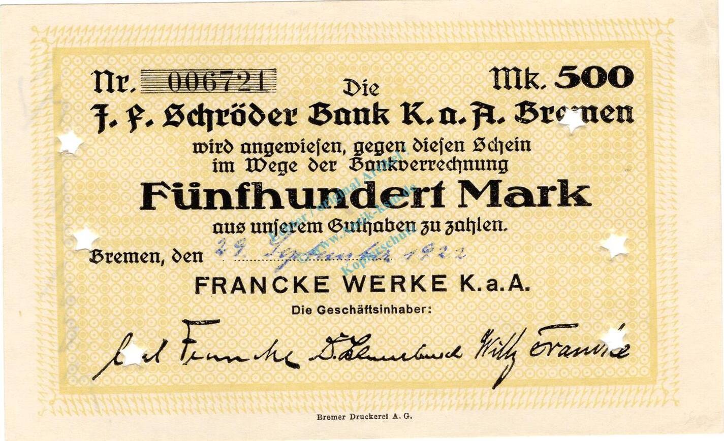 Inflation 1922/23 500 Mk. Bremen, Banknote 500 Mark Schein unc-kfr ...
