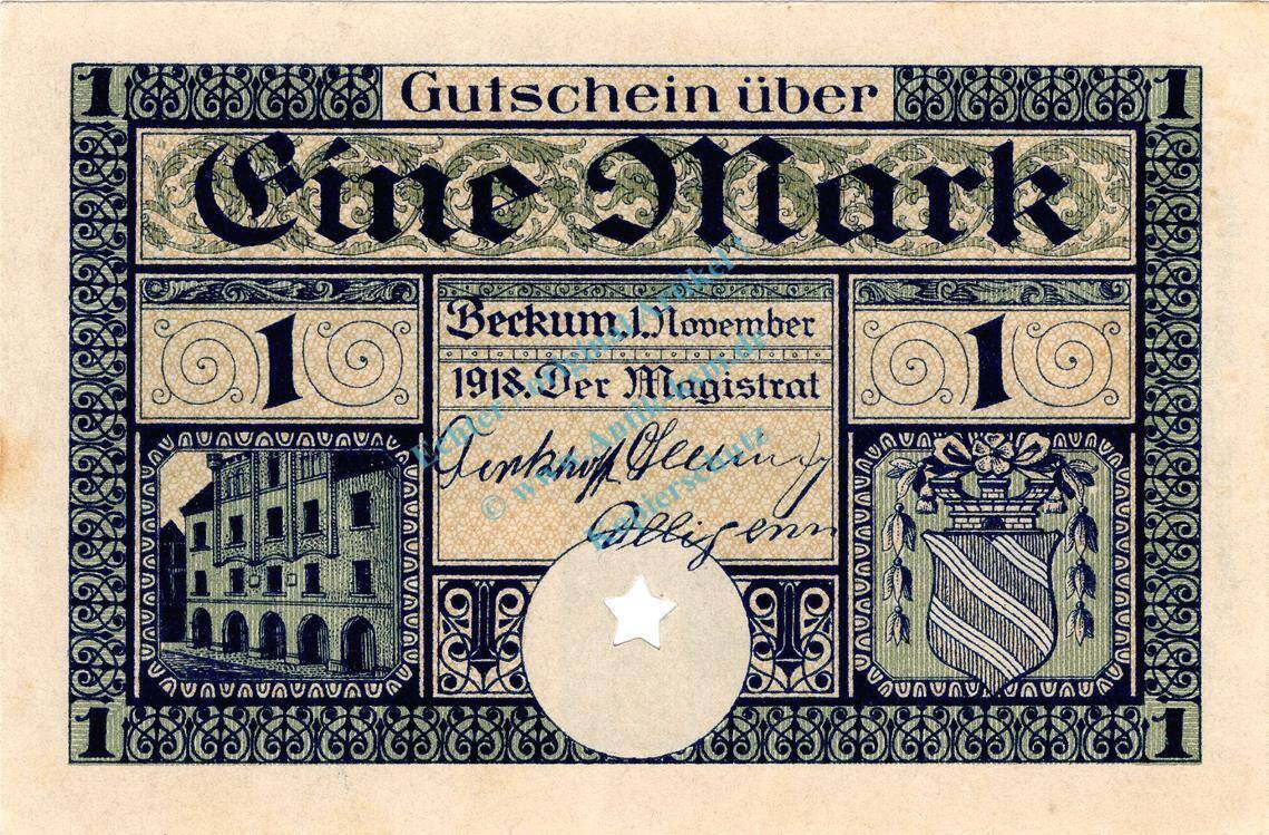 Großnotgeld 1918 1 Mk. --MUSTER-- Beckum, Banknote 1 Mark --Muster ...