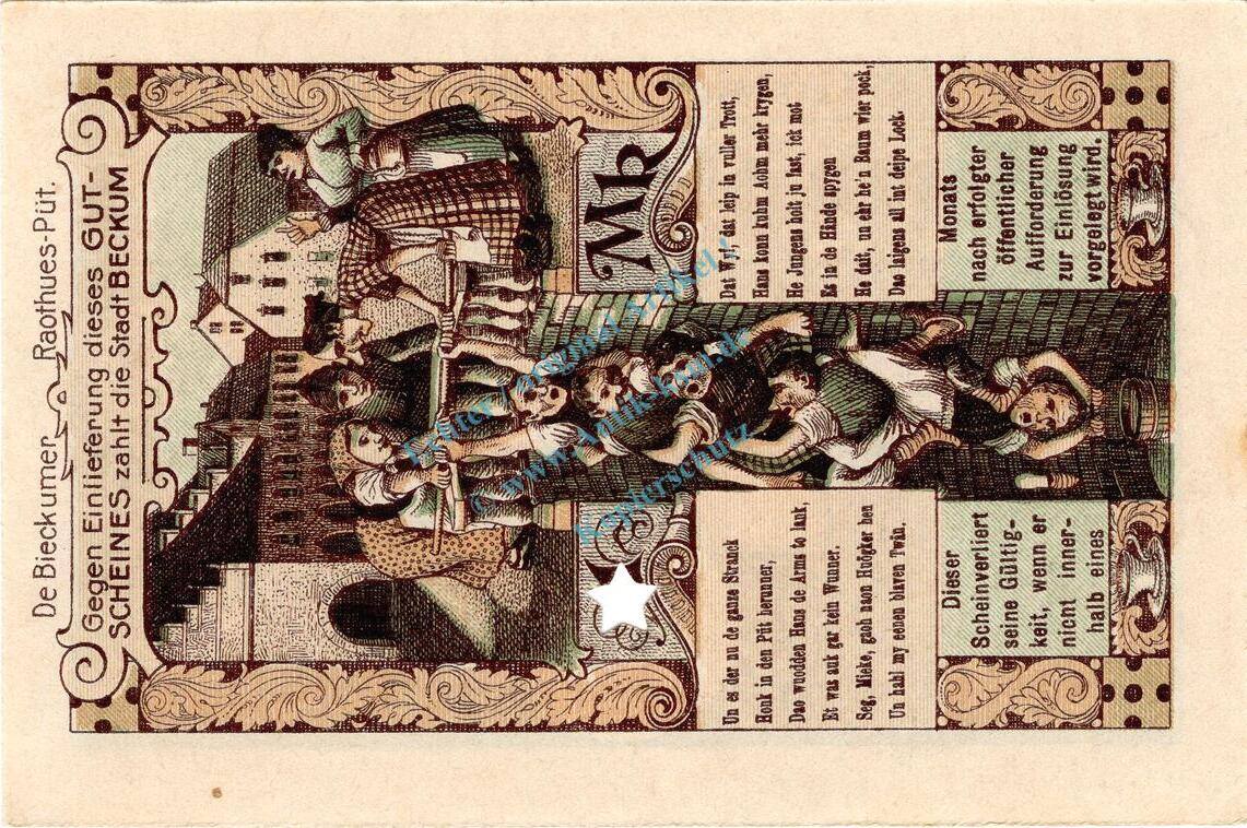 Großnotgeld 1918 1 Mk. --MUSTER-- Beckum, Banknote 1 Mark --Muster ...