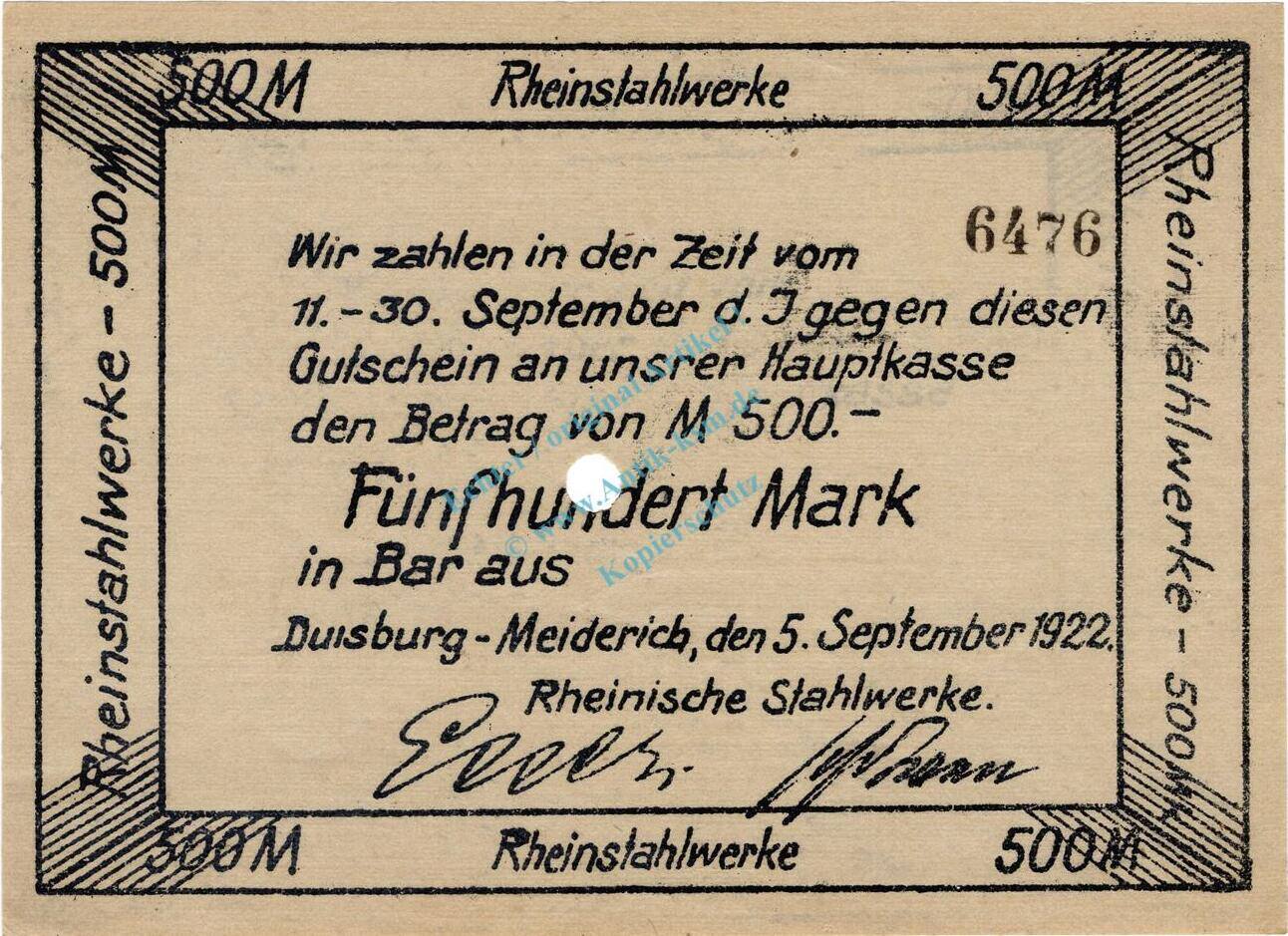Inflation 1922 DE 500 Mk. Duisburg, Banknote 500 Mark Schein unc-kfr ...