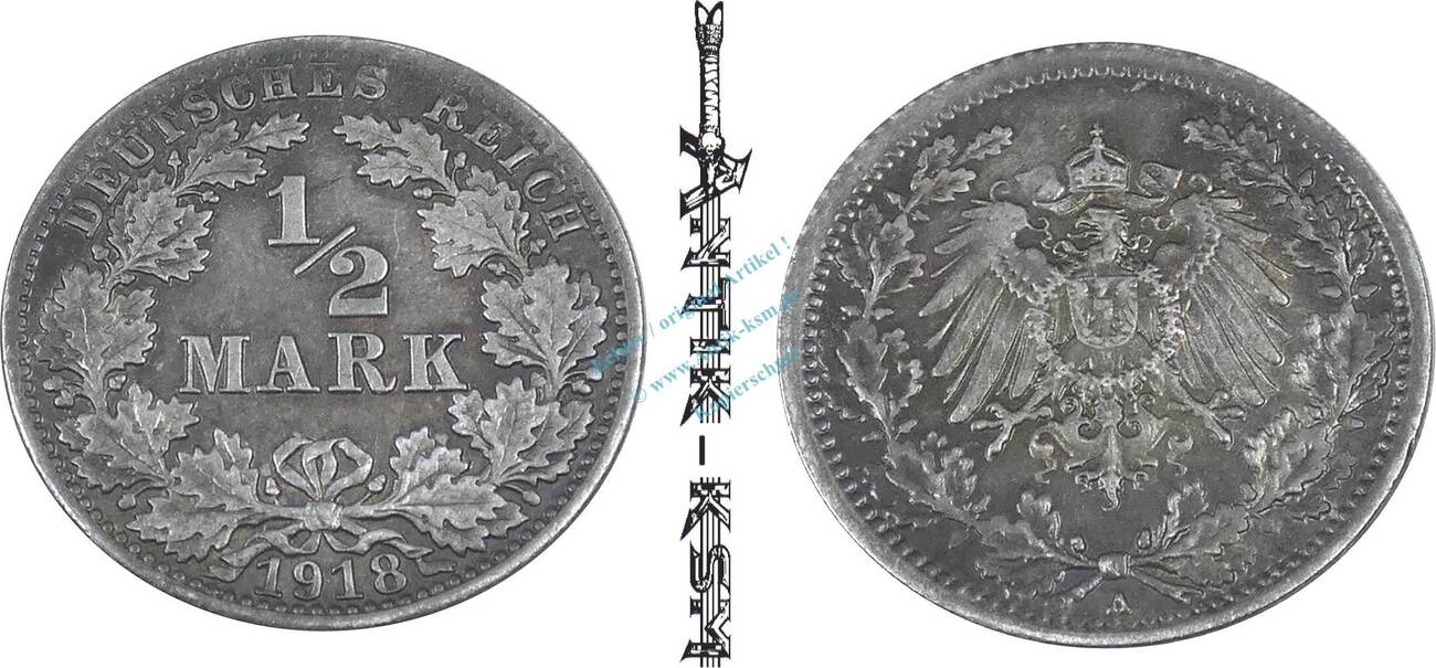1/2 Mk. Kaiserreich, Silbermünze 1 halbe Mark von 1918 A -gr. Adler- J ...