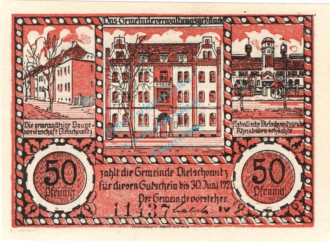 Serienscheine DE 50 Pf. Bielschowitz, Notgeld 50 Pfennig Schein unc-kfr. M-G 104.1, Schlesien o ...