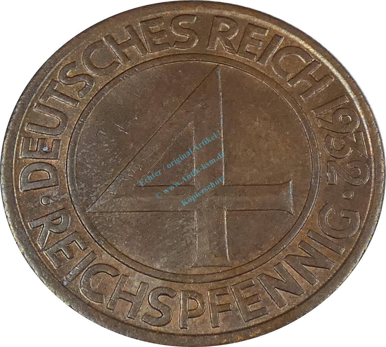 4 Pf. Deutsches Reich, 4 Pfennig Kursmünze 1932 A --Brüning-Pfennig ...