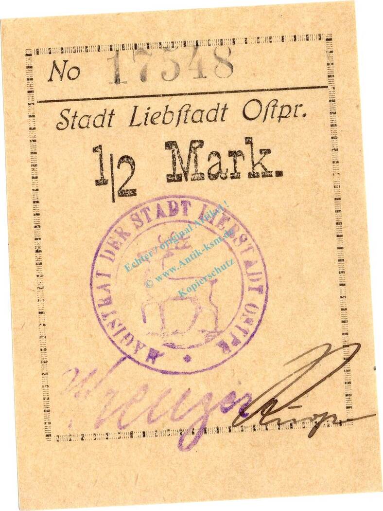 Kleingeld 1914-1922 1/2 Mk. o.D. Liebstadt, Notgeld 1 halbe Mark Schein ...