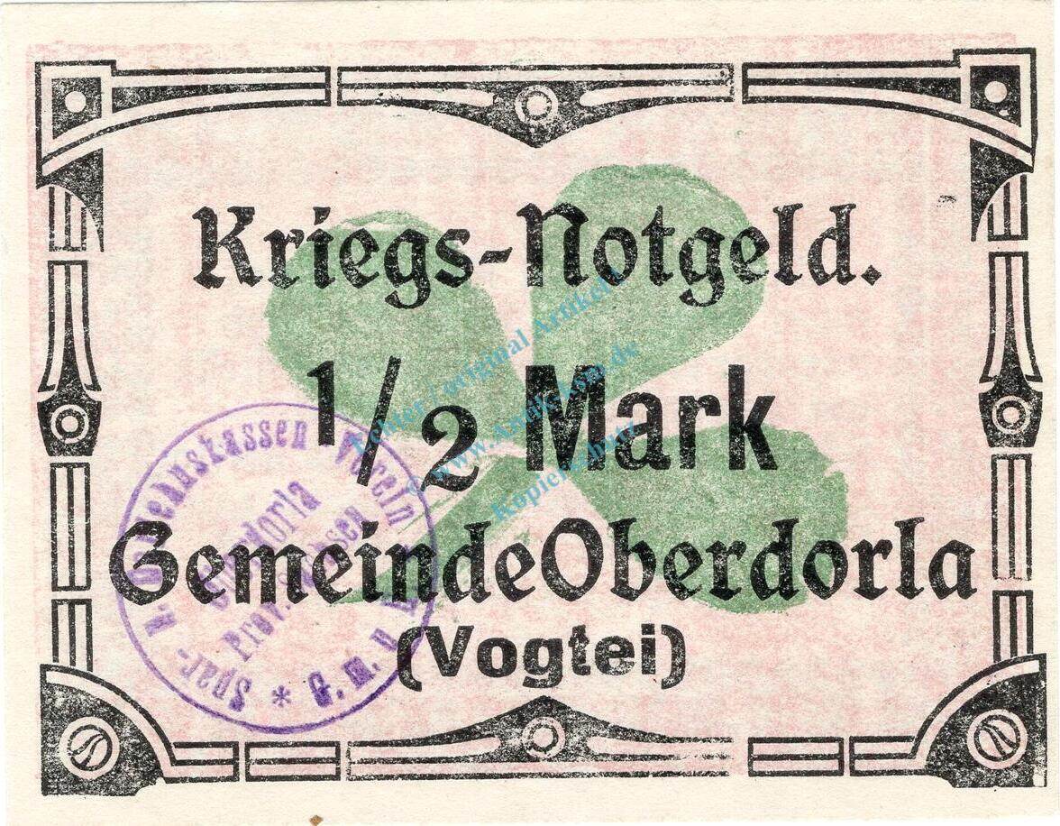 Kleingeld 1914-1922 1/2 Mk. o.D. Oberdorla, Notgeld 1 halbe Mark Schein ...