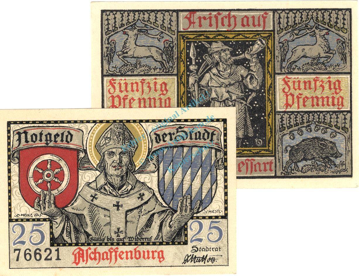 Kleingeld 1914-1922 2 Scheine kpl. o.D. Aschaffenburg, Notgeld Set mit ...