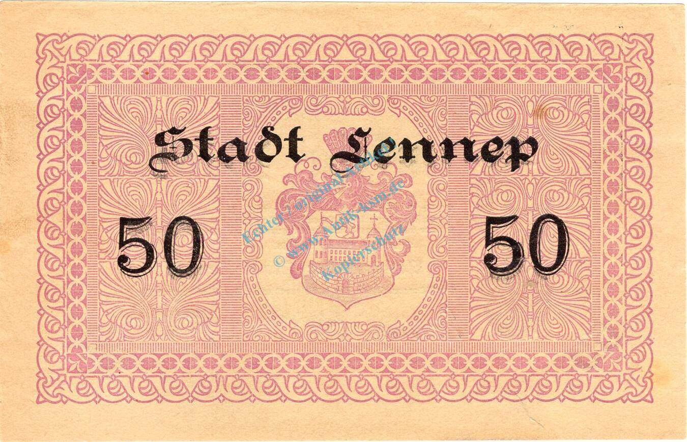 Großnotgeld 1918 DE 50 Mk. Lennep, Banknote 50 Mark Schein unc-kfr ...