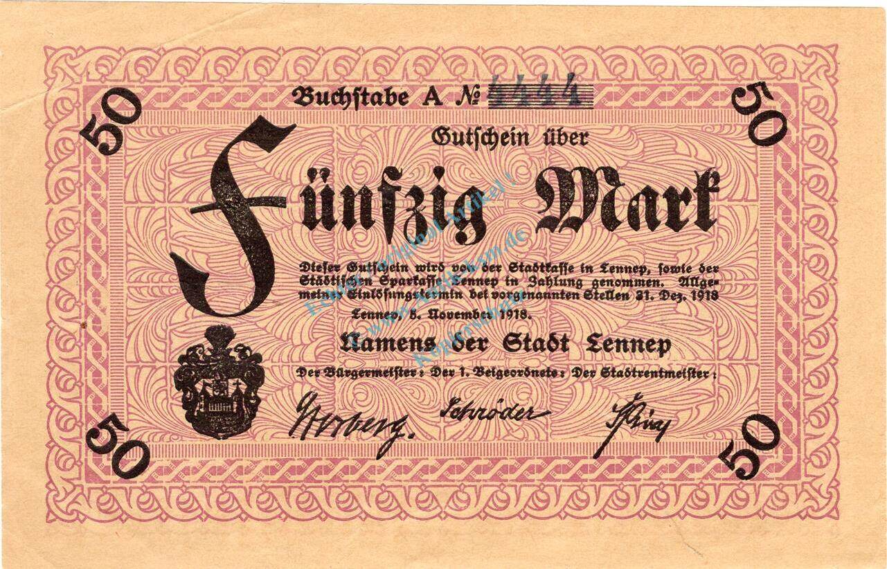 Großnotgeld 1918 DE 50 Mk. Lennep, Banknote 50 Mark Schein f-kfr ...