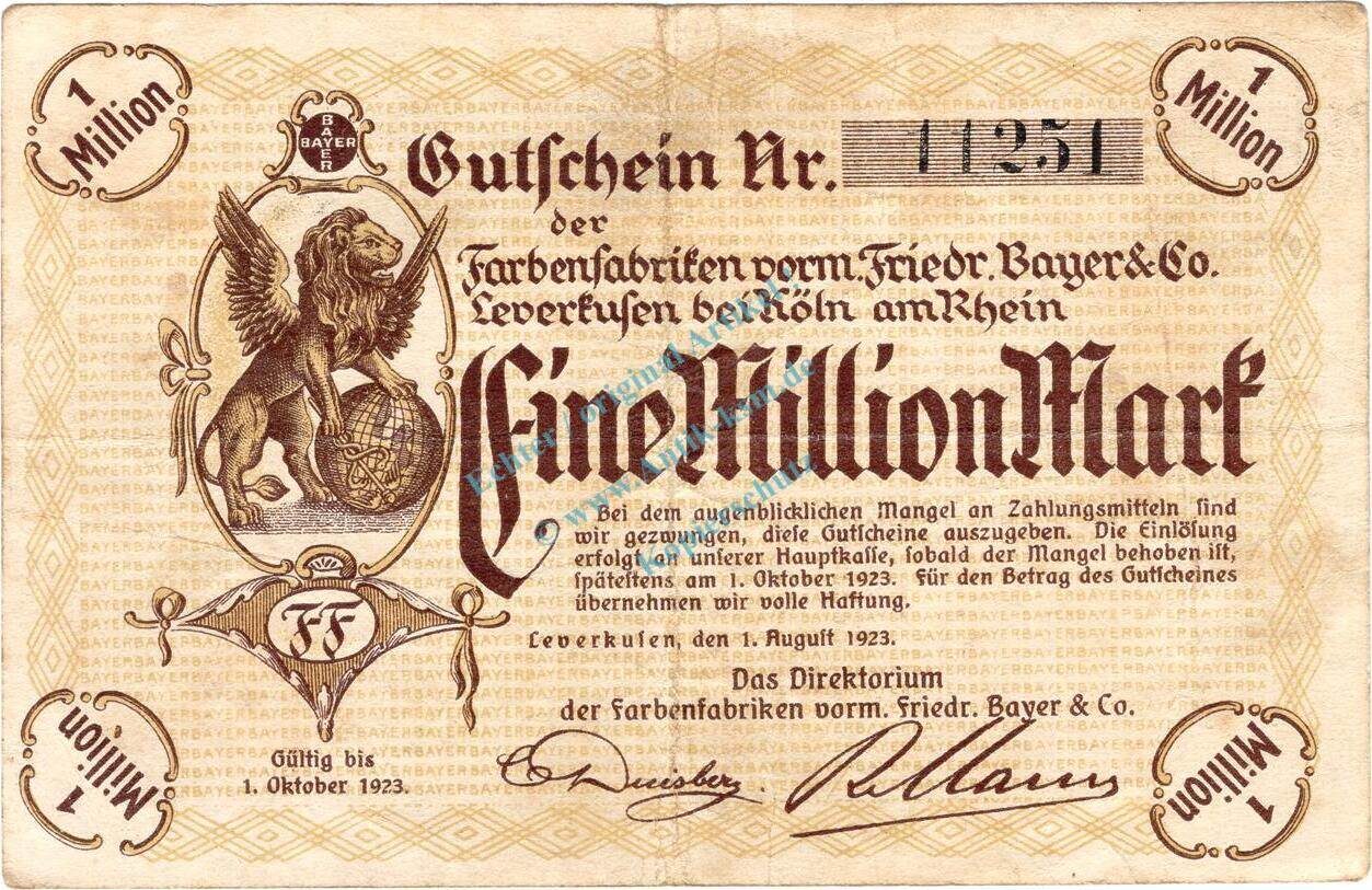 Inflation 1923 DE 1 Mio. Mk. Leverkusen, Banknote 1 Million Mark Schein ...