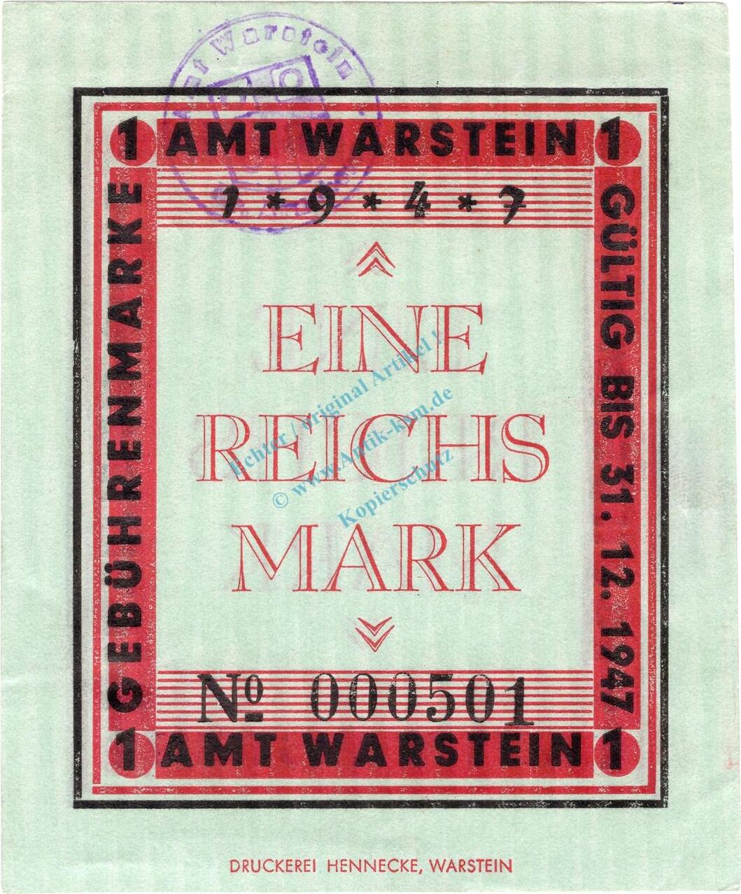 Notgeld 1945 - 1948 DE 1 Rm. -mit Stempel- o.D. Warstein Amt, Notgeld 1 Reichsmark --Stpl-- unc ...