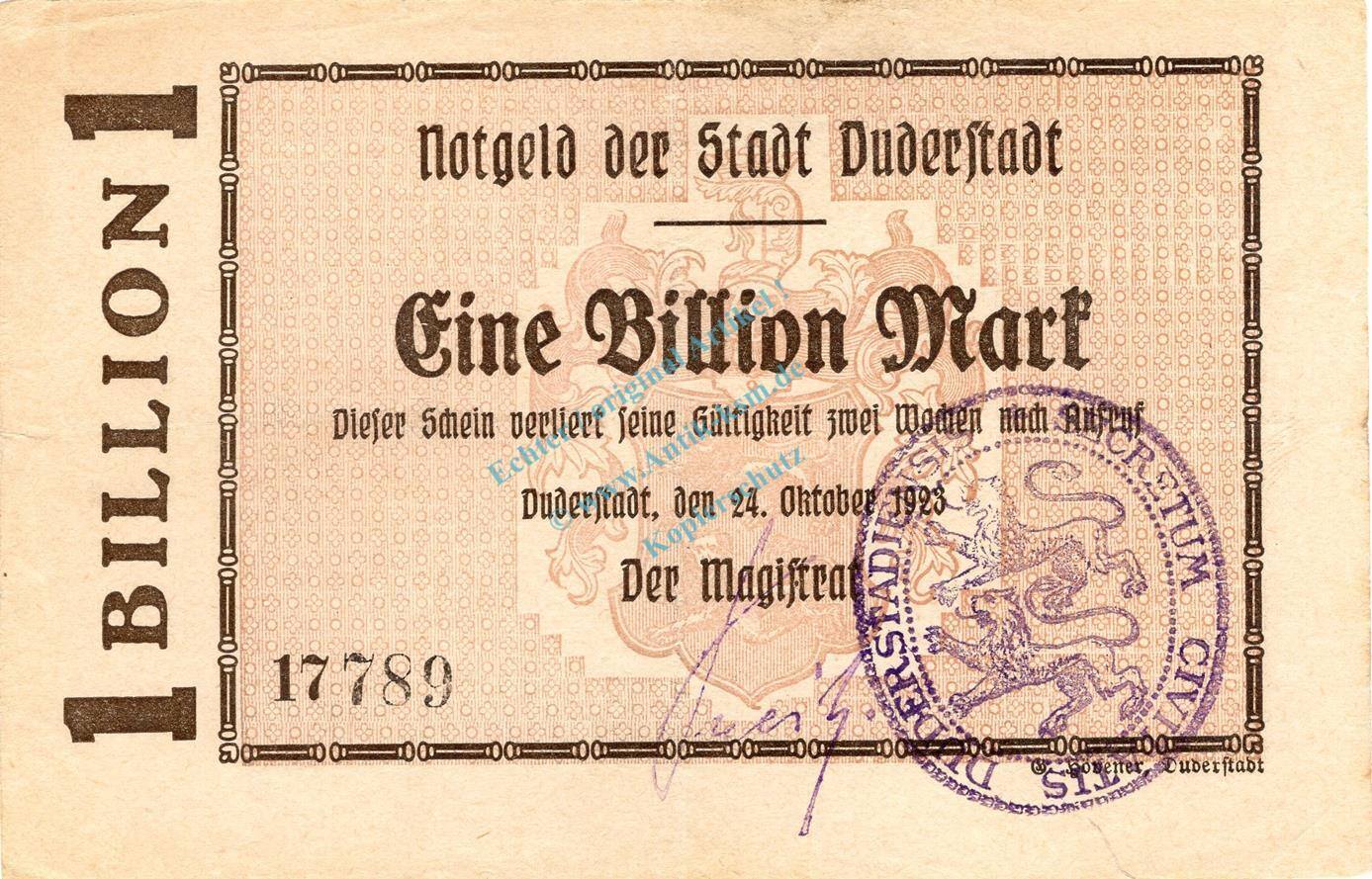 Inflation 1923 DE 1 Bio. Mk. Duderstadt, Banknote 1 Billion Mark Schein ...