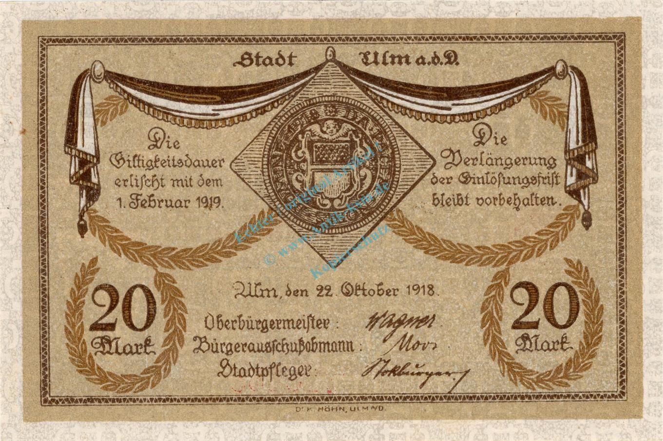 Großnotgeld 1918 DE 20 Mk. Ulm, Banknote 20 Mark Schein unc-kfr. Geiger ...