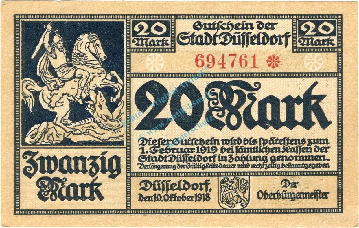Großnotgeld 1918 DE 20 Mk. Düsseldorf, Banknote 20 Mark Schein unc-kfr ...