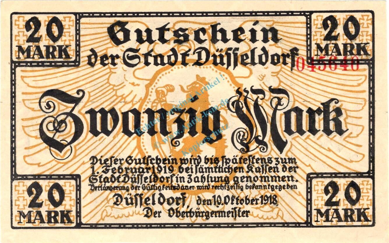 Großnotgeld 1918 DE 20 Mk. Düsseldorf, Banknote 20 Mark Schein unc-kfr ...