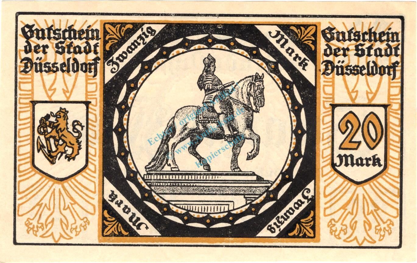 Großnotgeld 1918 DE 20 Mk. Düsseldorf, Banknote 20 Mark Schein unc-kfr ...