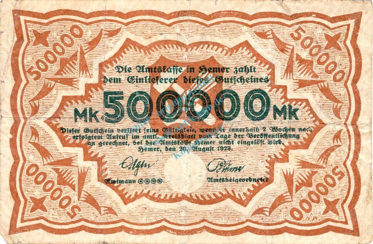 Inflation 1923 DE 500.000 Mk. Hemer, Banknote 500.000 Mark Schein gbr ...