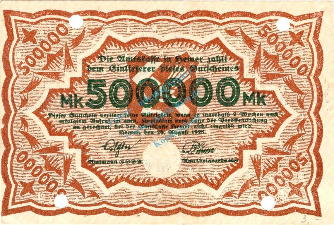 Inflation 1923 DE 500.000 Mk. Hemer, Banknote 500.000 Mark Schein L-gbr ...