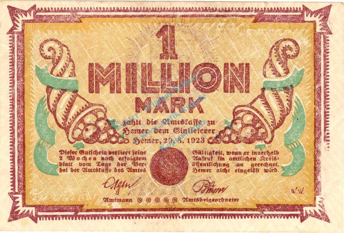 Inflation 1923 DE 1 Mio. Mk. Hemer, Banknote 1 Million Mark Schein L ...