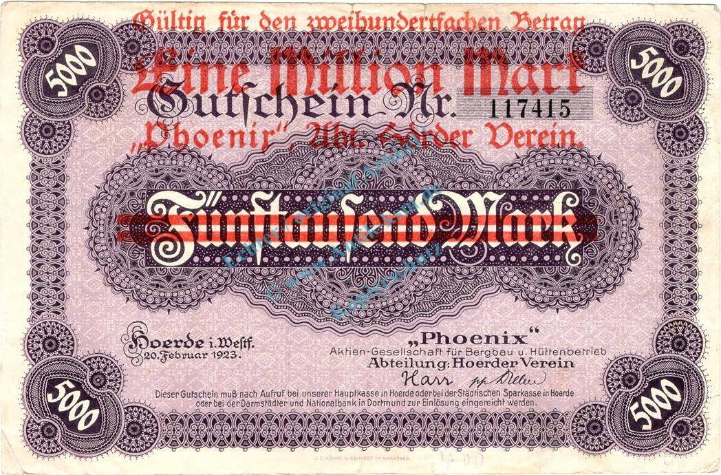 Inflation 1923 DE 1 Mio. Mk. Hörde, Banknote 1 Million Mark gbr. Müller ...