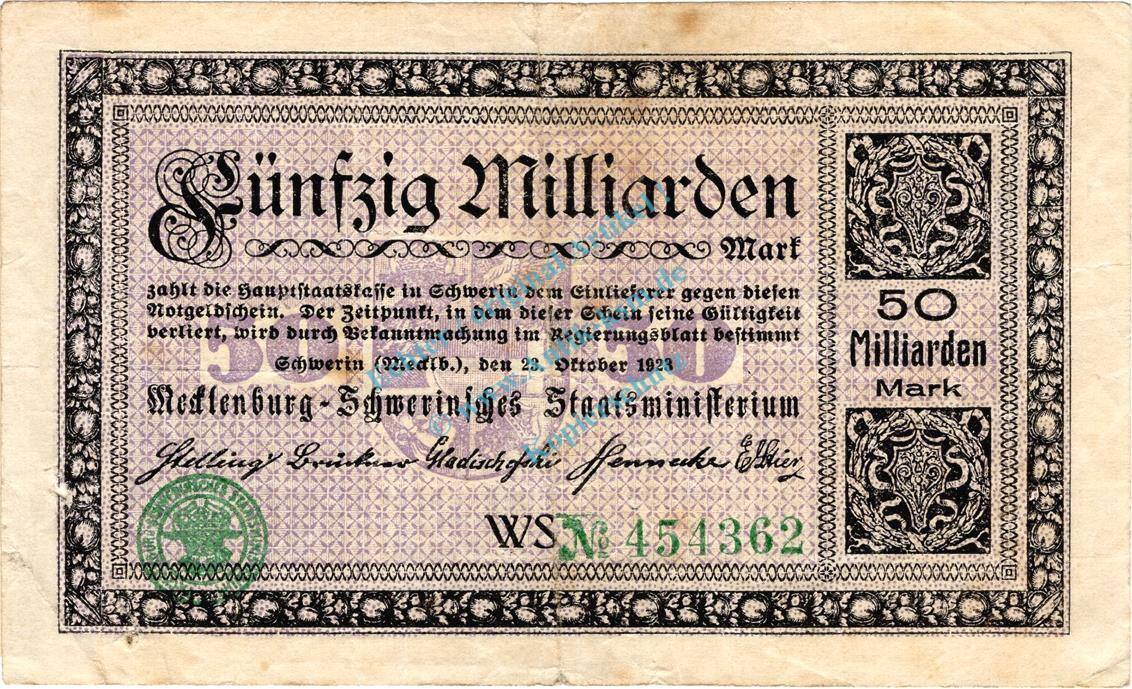 Inflation 1923 DE 50 Mia. Mk. 1923 Schwerin, Banknote 50 Milliarden Mark Schein gbr. Keller 3491 ...