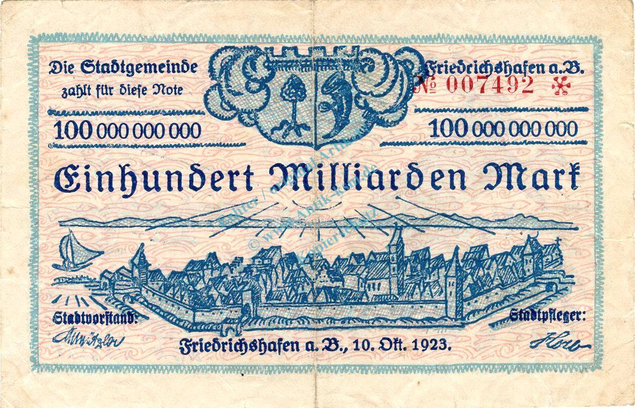 Inflation 1923 DE 100 Mia. Mk. Friedrichshafen, Banknote 100 Milliarden ...