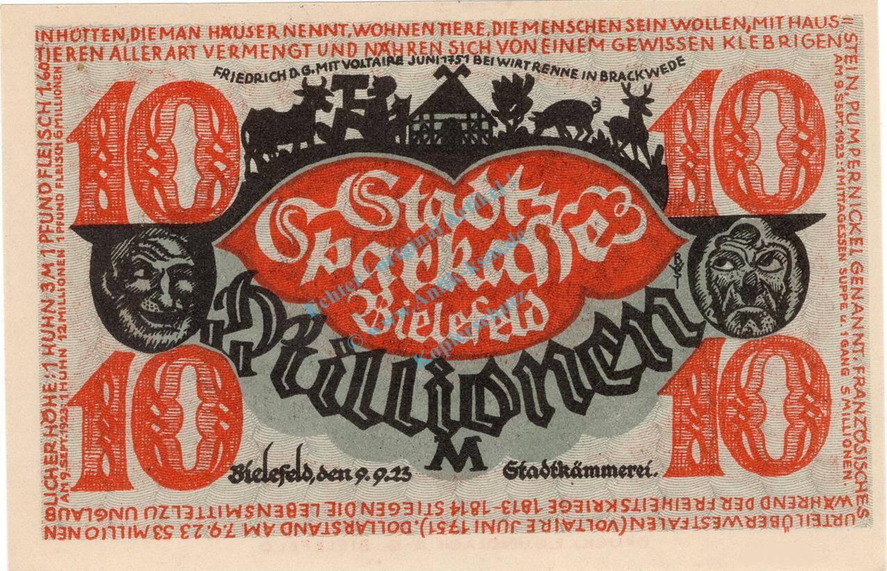 Inflation 1923 DE 10 Mio. Mk. 1923 Bielefeld, Banknote 10 Millionen Mark Schein unc-kfr. Keller ...
