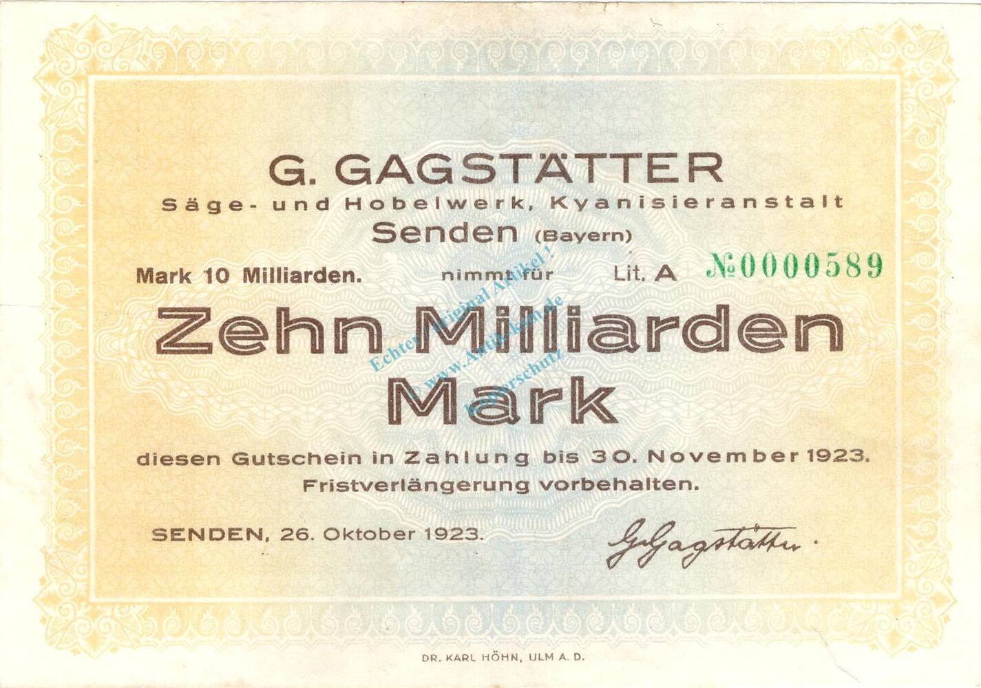 Inflation 1923 DE 10 Mia. Mk. Senden, Banknote 10 Milliarden Mark ...