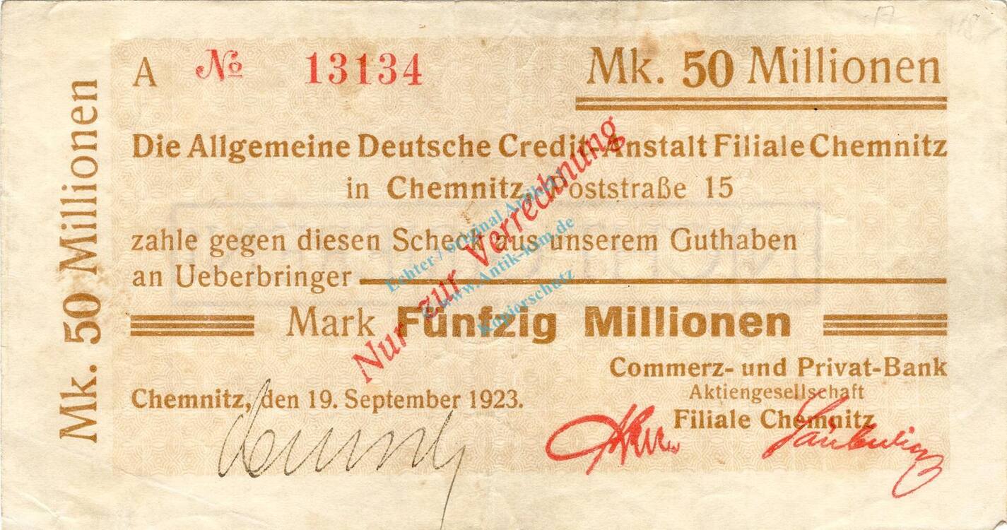 Inflation 1923 DE 50 Mio. Mk. Chemnitz, Banknote 50 Millionen Mark ...