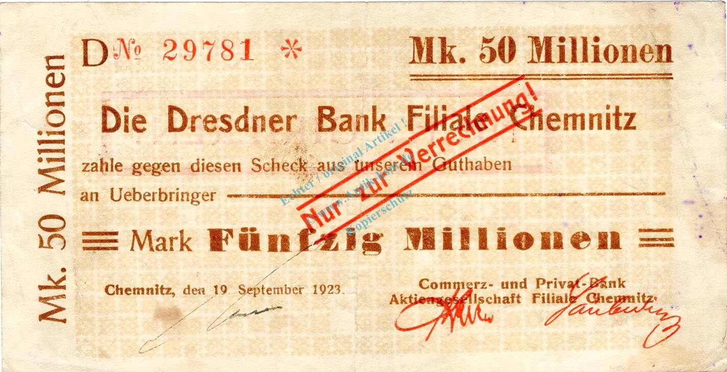 Inflation 1923 DE 50 Mio. Mk. Chemnitz, Banknote 50 Millionen Mark ...