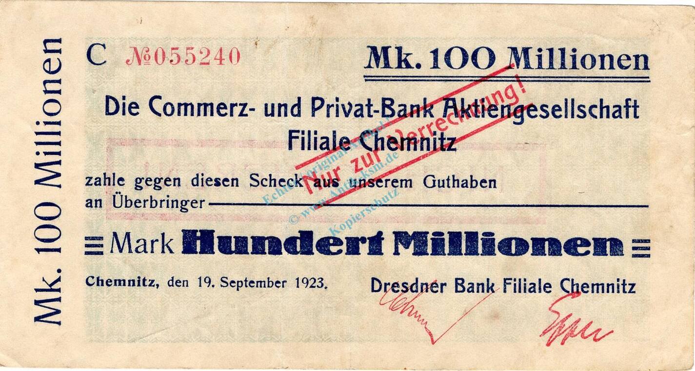 Inflation 1923 DE 100 Mio. Mk. Chemnitz, Banknote 100 Millionen Mark ...