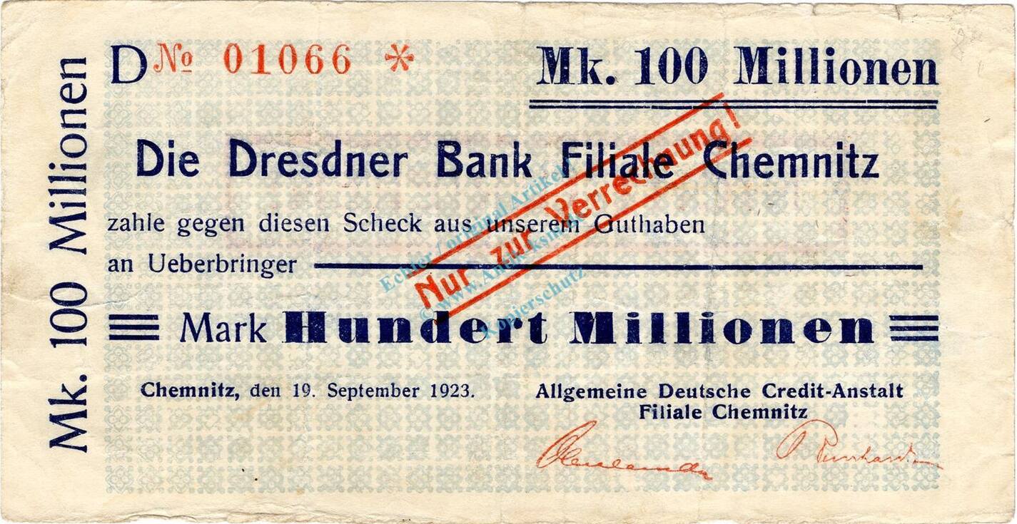 Inflation 1923 DE 100 Mio. Mk. Chemnitz, Banknote 100 Millionen Mark ...