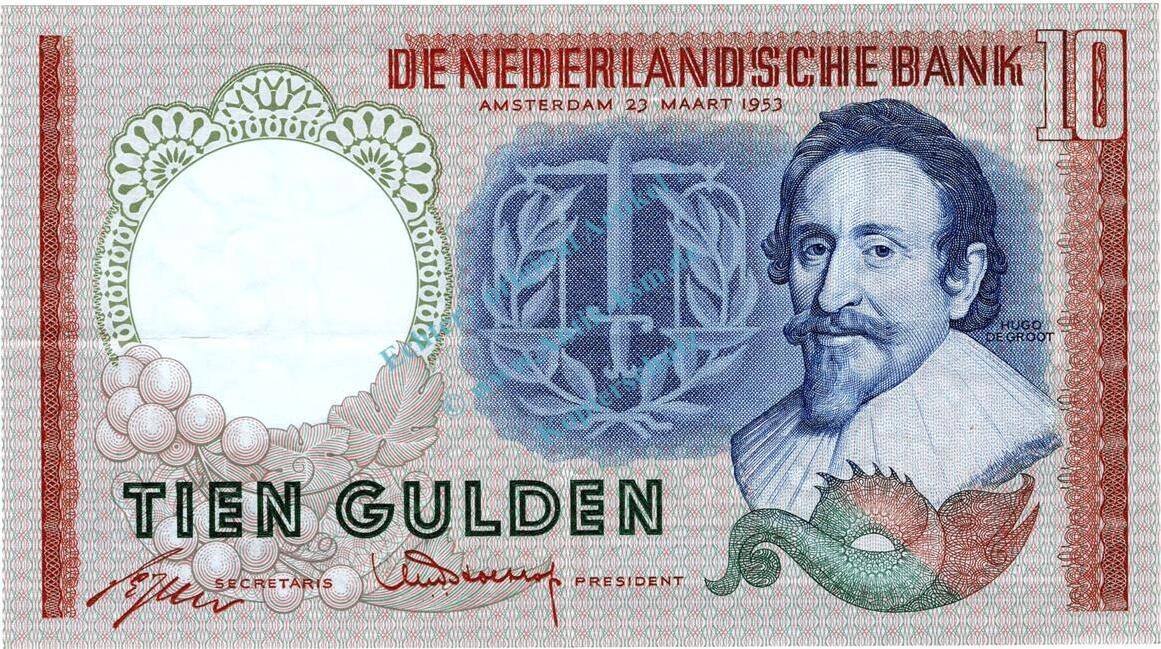 Banknote Niederlande, 10 Gulden Schein 1953 -Hugo de Groot- gbr. P.85 ...